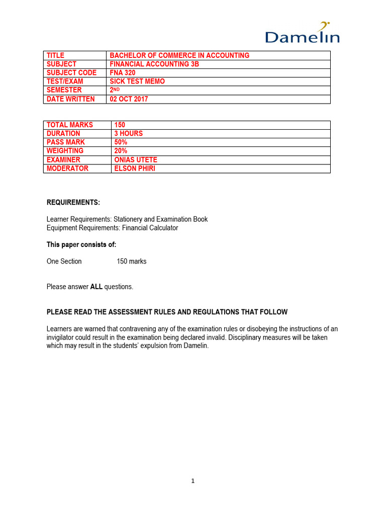 Financial Accounting 3B Sick Test Memo | PDF | Equity (Finance) | Fair ...