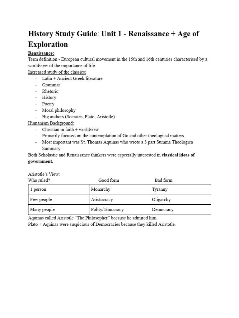 History Study Guide - Unit 1 - Renaissance + Age of Exploration | PDF ...