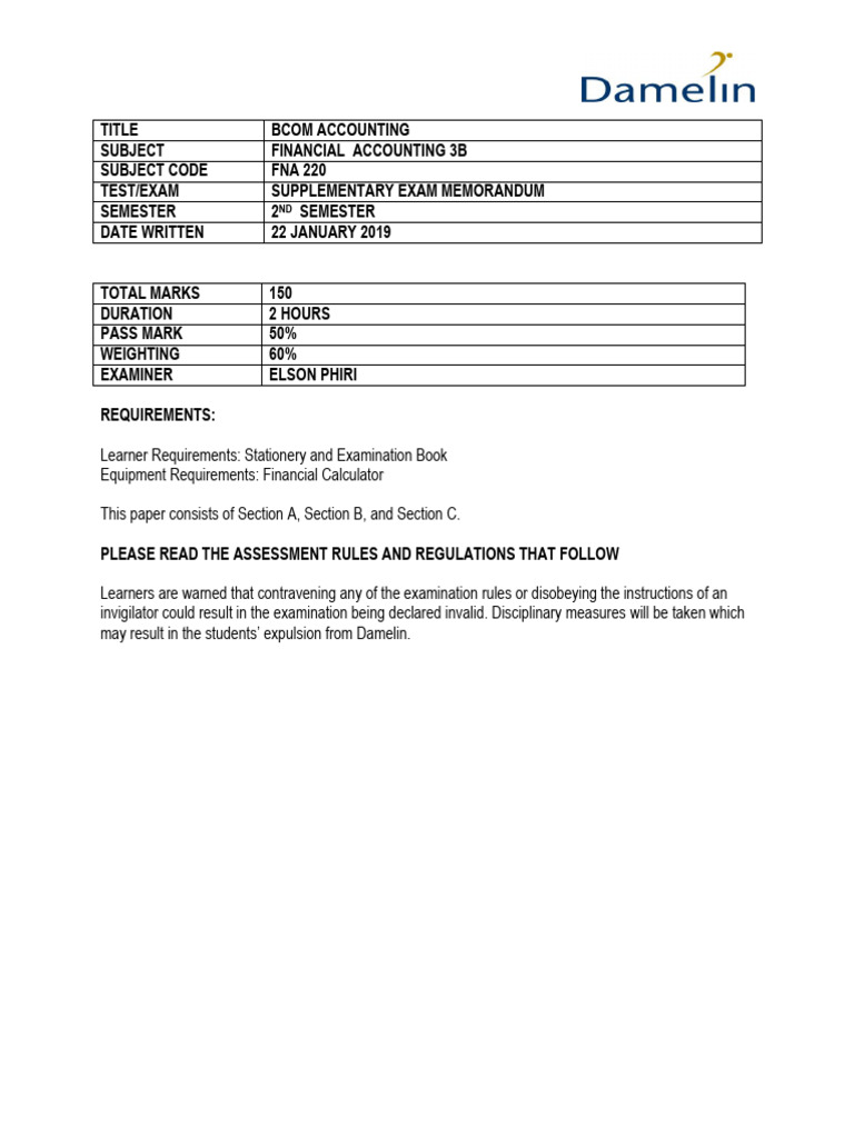 Financial Accounting 3B Supp Exam Memo | PDF | Dividend | Equity (Finance)
