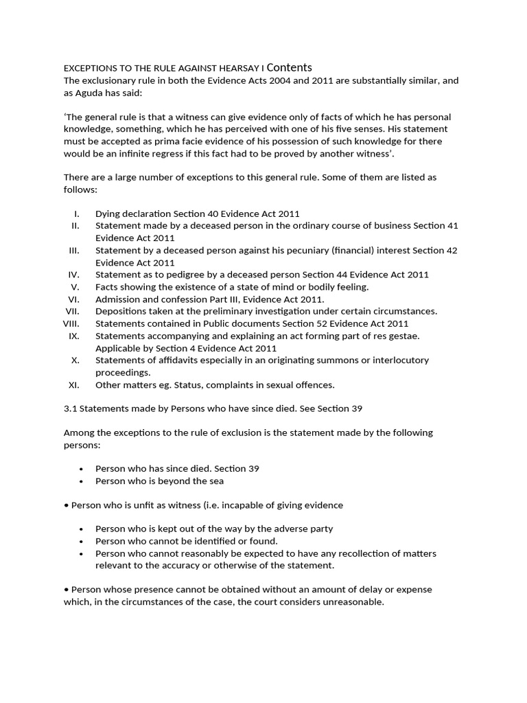 EXCEPTIONS TO THE RULE AGAINST HEARSAY I Contents | PDF | Deposition ...