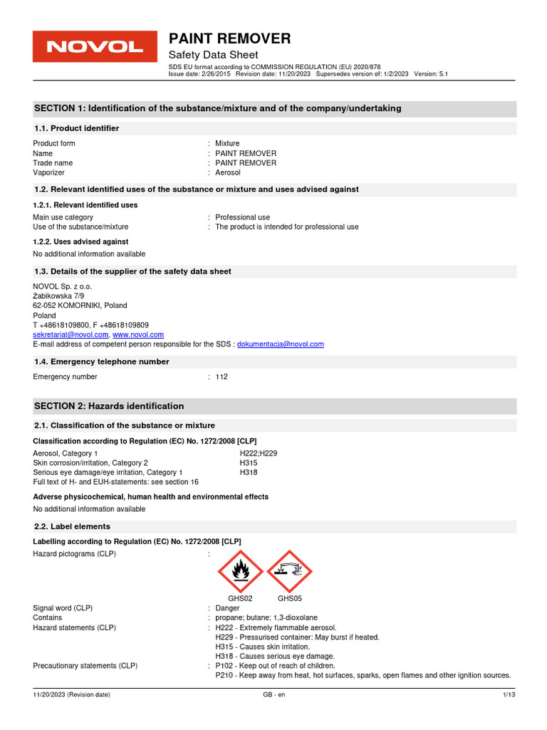 Paint Remover Safety Data Sheet | PDF | Toxicity | Chemistry