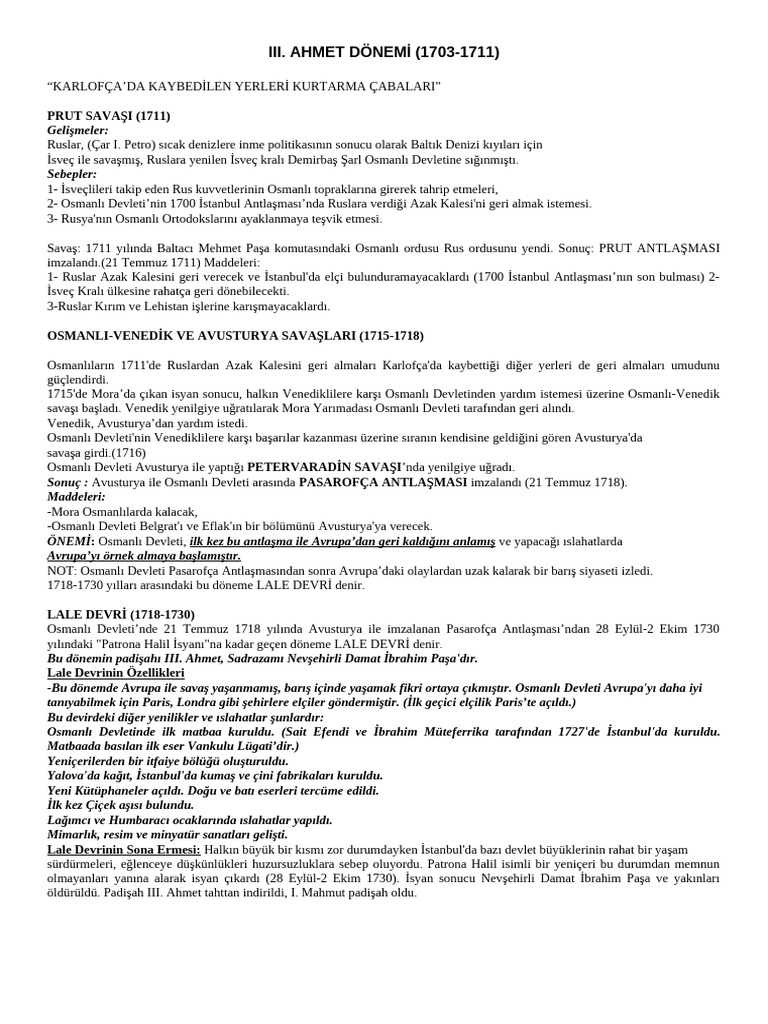 III. Ahmet Dönemi( Lale Devri) | PDF