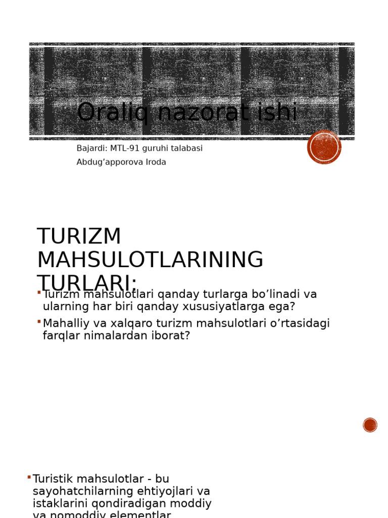 Turizm Mahsulotlari Oraliq Nazorat Ishi | PDF