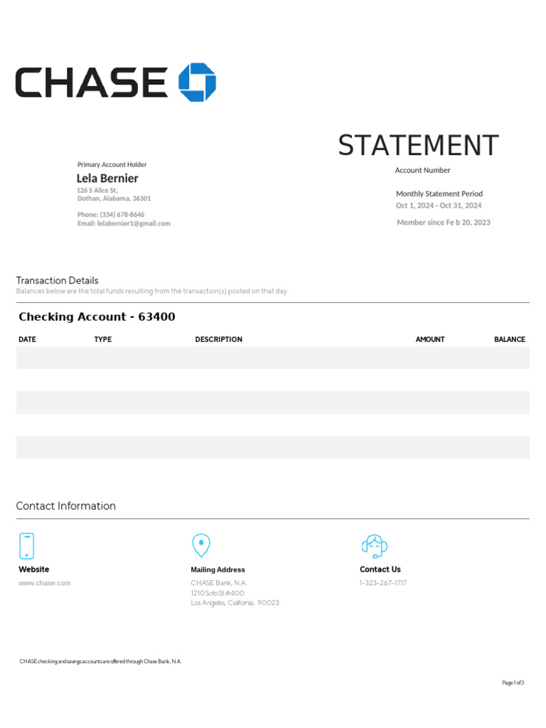 197 Lela Bernier CHASE Bank Statement | PDF | Banks | Transaction Account