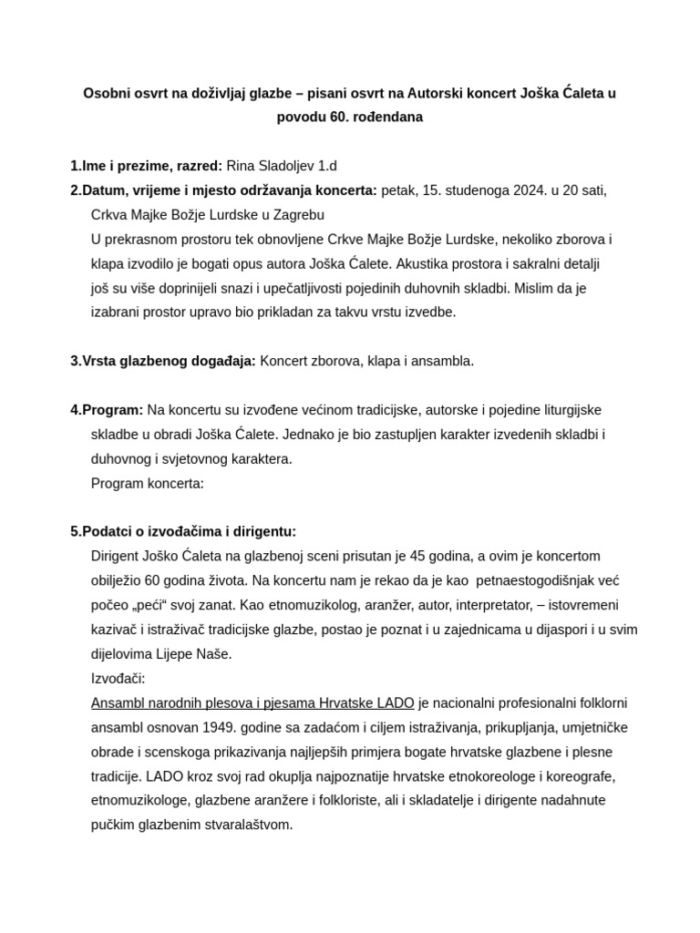 Osobni Osvrt Na Doživljaj Glazbe - Rina Sladoljev | PDF