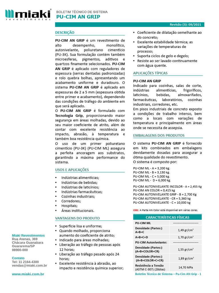 Pu Cim Autonivelante Grip | PDF | Poliuretano | Física Aplicada e Interdisciplinar