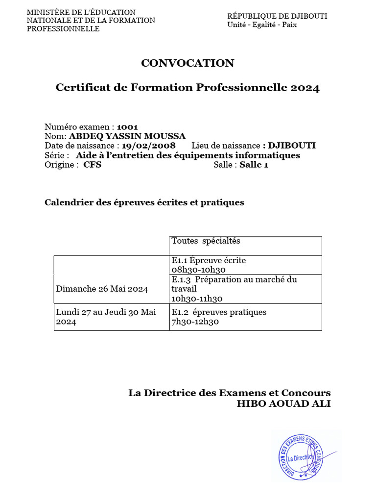 Convocation Certificat Professionnel 2024 | PDF
