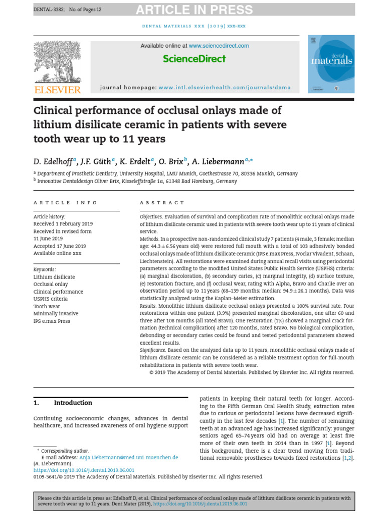 Clinical Performance of Occlusal Onlays Made of | PDF | Human Tooth | Tooth