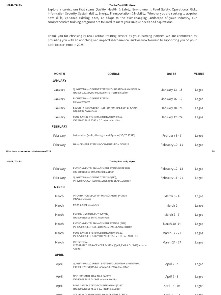 Bureau Veritas Training Plan 2025 - Nigeria | PDF | Quality Management ...