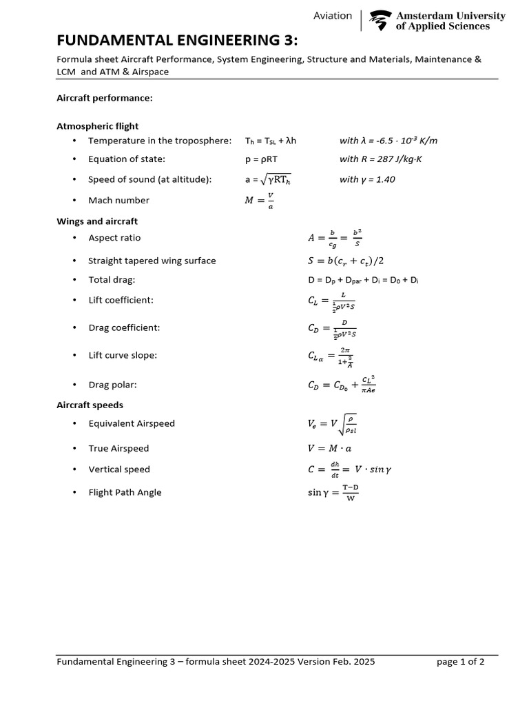 B3 - Fundamentals ENG 3 Formula Sheet | PDF | Aerospace | Aerospace ...