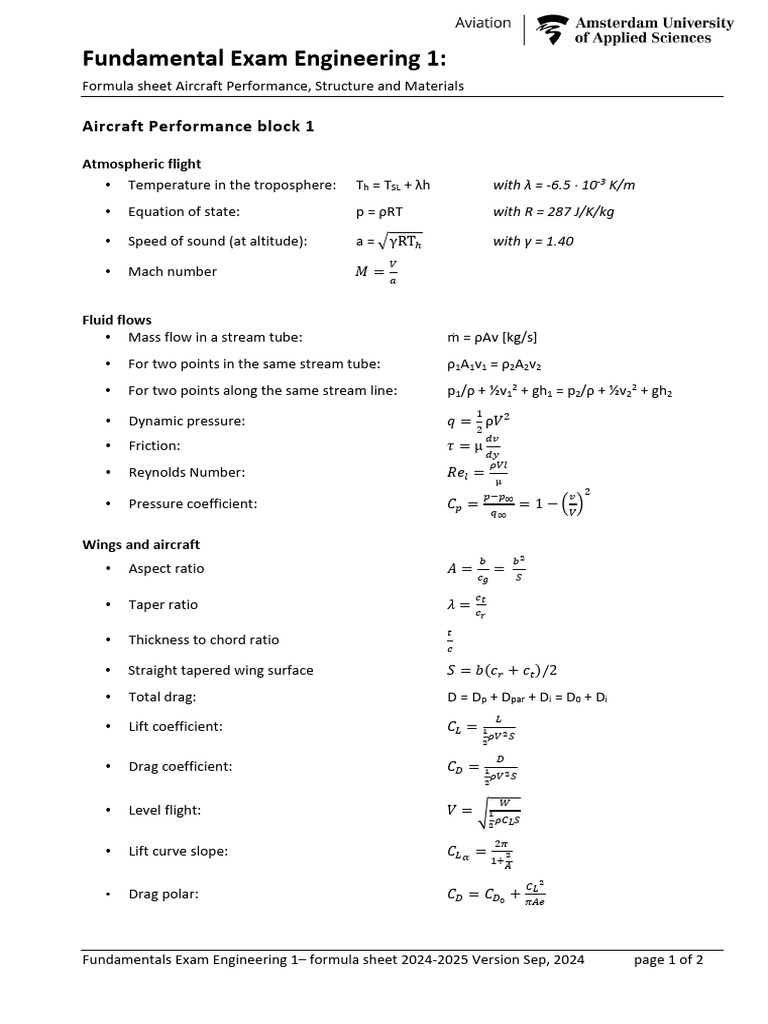 B1 - Fundamental ENG1 Formula Sheet | PDF | Drag (Physics) | Lift (Force)