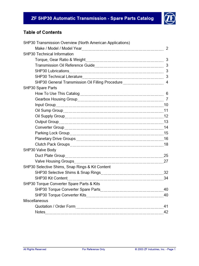 ZF 5HP30 Transmission Parts Catalog | PDF | Clutch | Motor Vehicle