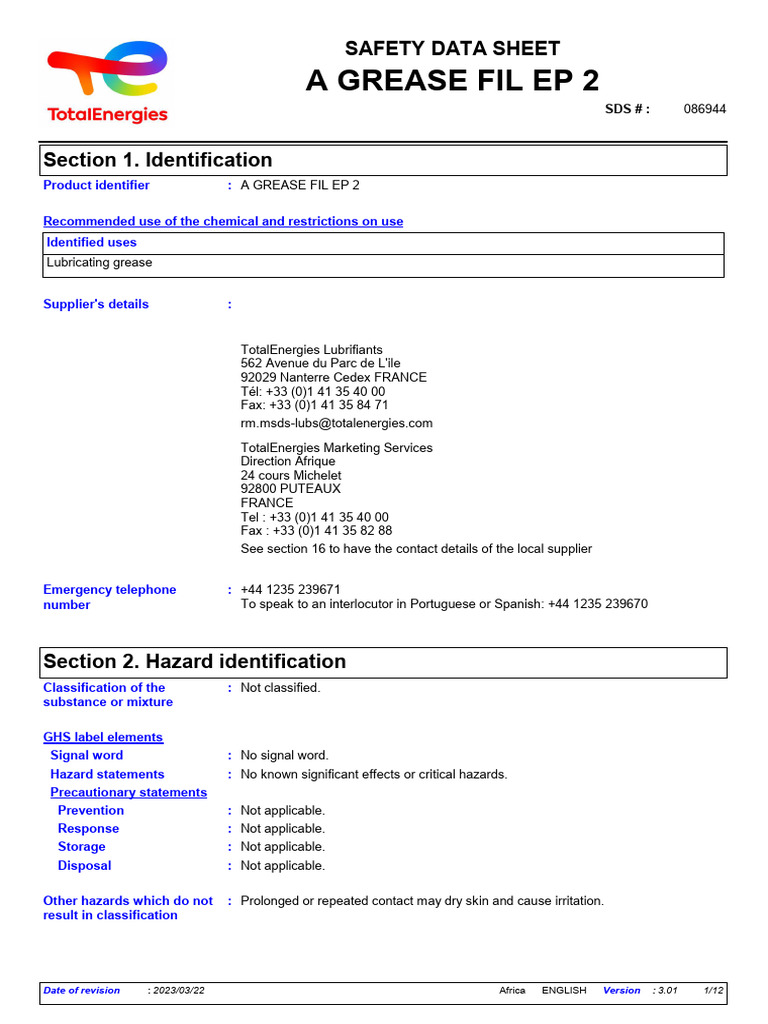 Safety Data Sheet for Grease FIL EP 2 | PDF | Oxide | Toxicity