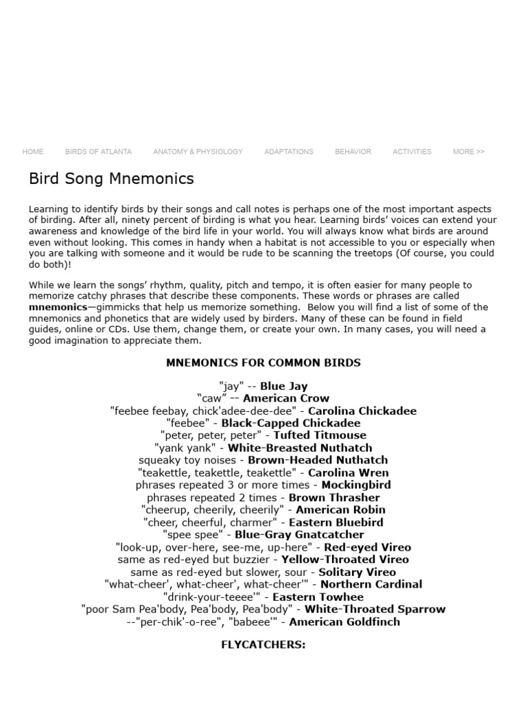 Bird Song Mnemonics | PDF