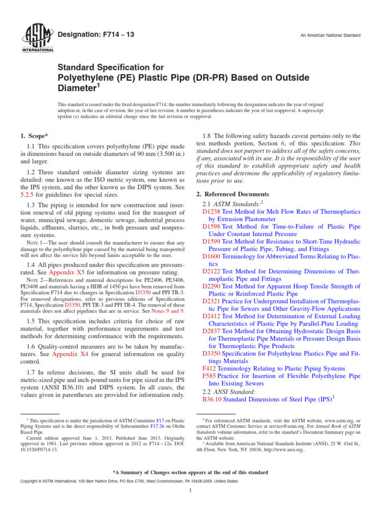Astm F714 | PDF | Pipe (Fluid Conveyance) | Engineering Tolerance