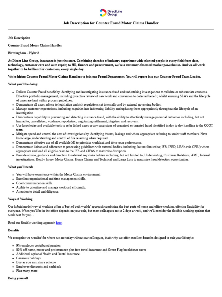 Counter Fraud Motor Claims Handler Role | PDF | Insurance | Business