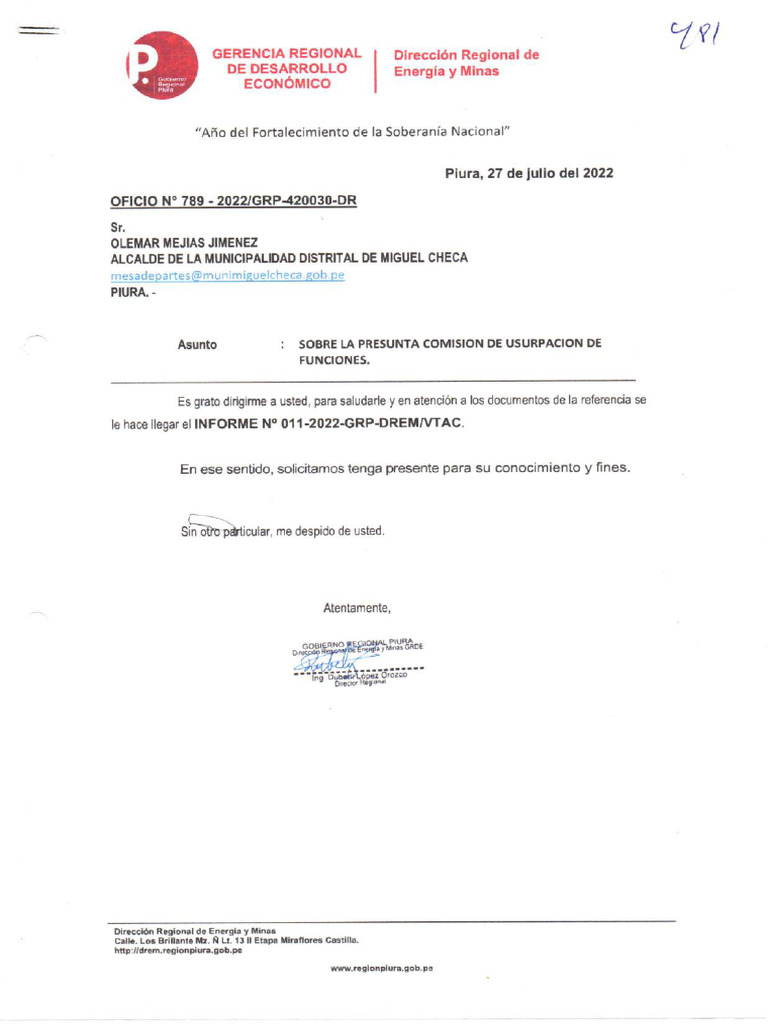 Oficio Direccion Regional Energia Minas | PDF