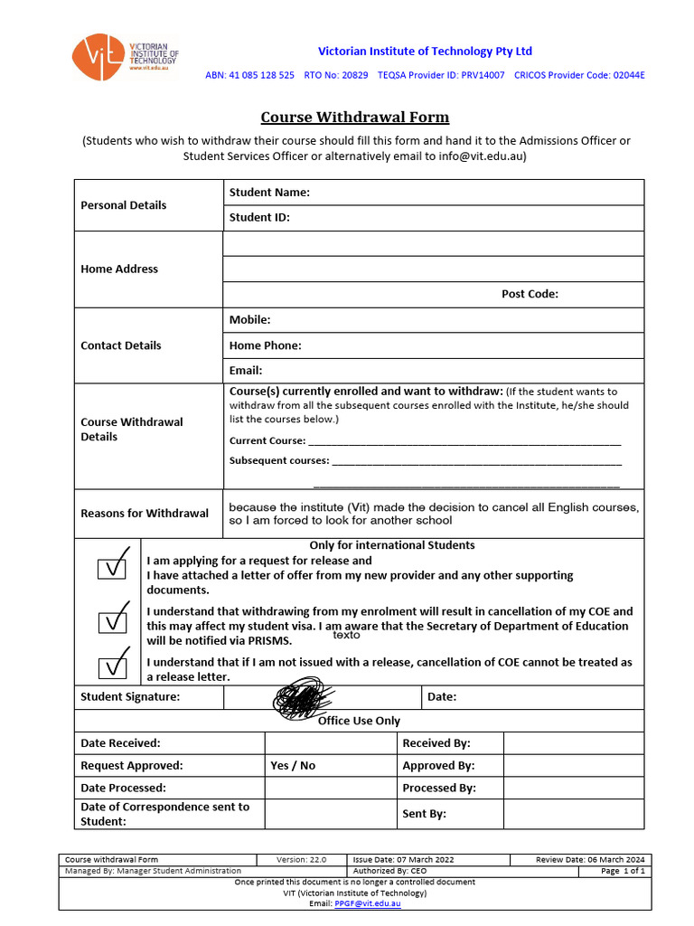 Course Withdrawal Form | PDF
