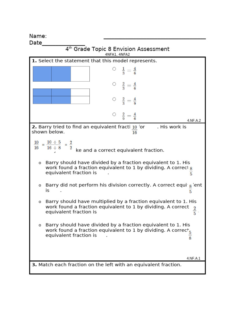4th Grade Fraction Assessment Guide | PDF | Arithmetic | Mathematics