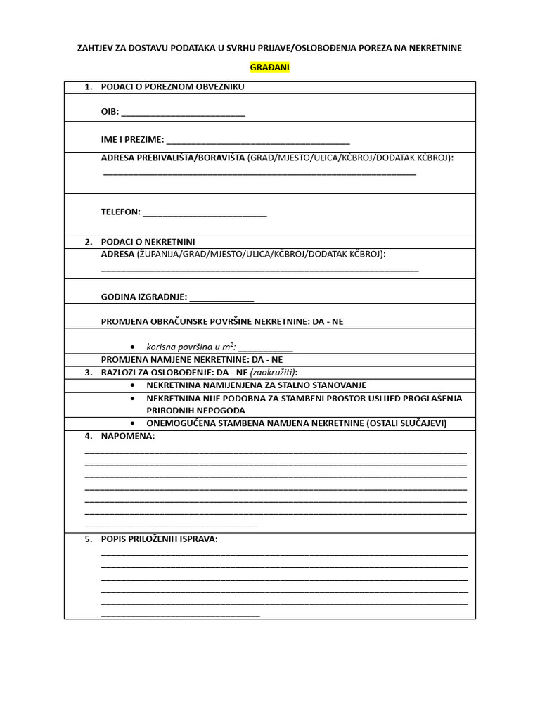 Porez Na Nekretnine Zahtjev Gradjani | PDF