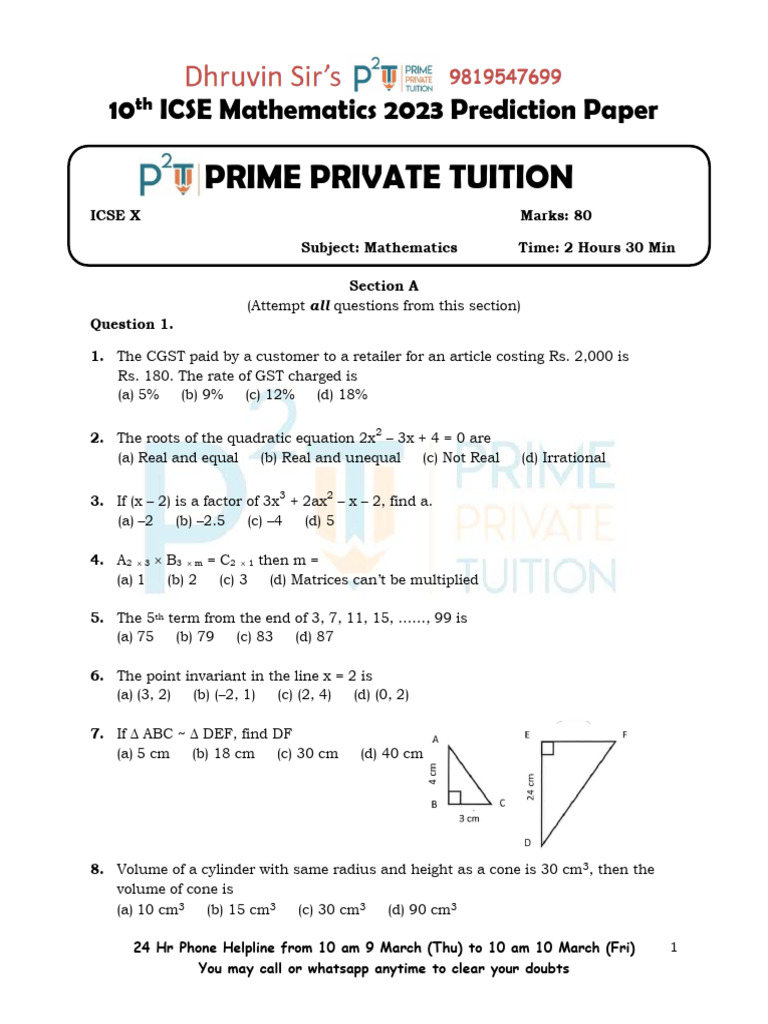 ICSE 2023 Maths Prediction Paper | PDF | Algebra | Mathematical Objects