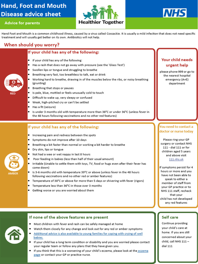 NHS Hand Foot and Mouth Disease Advice Sheet | PDF | Medicine ...