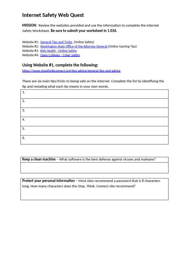 Internet Safety Webquest | PDF