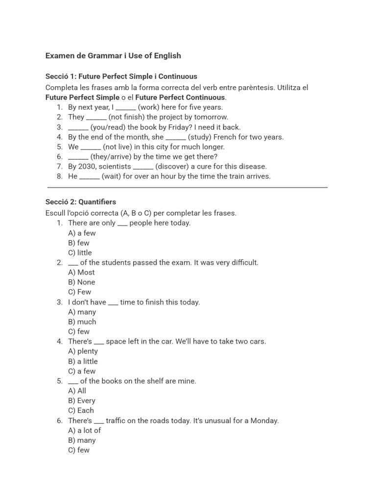 Examen de Grammar I Use of English | PDF