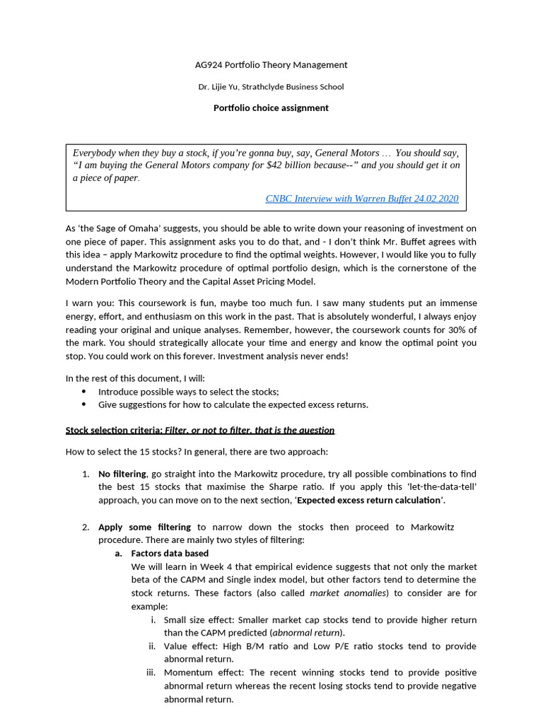Portfolio Theory: Stock Selection Guide | PDF | Normal Distribution ...
