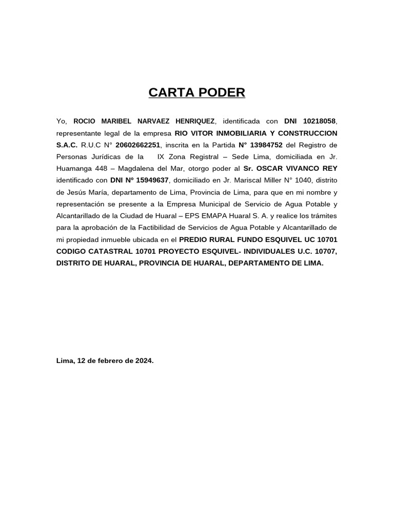 Carta Poder Rocio - Oscar Vivanco | PDF