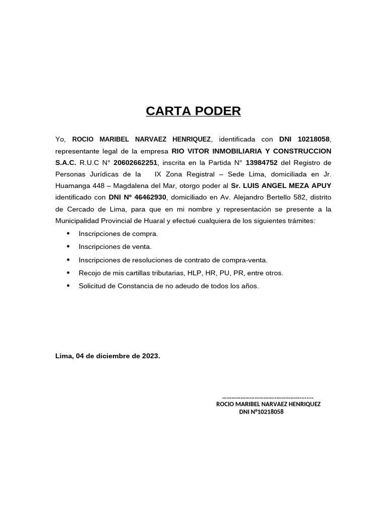 Carta Poder Rocio-Luis Huaral | PDF