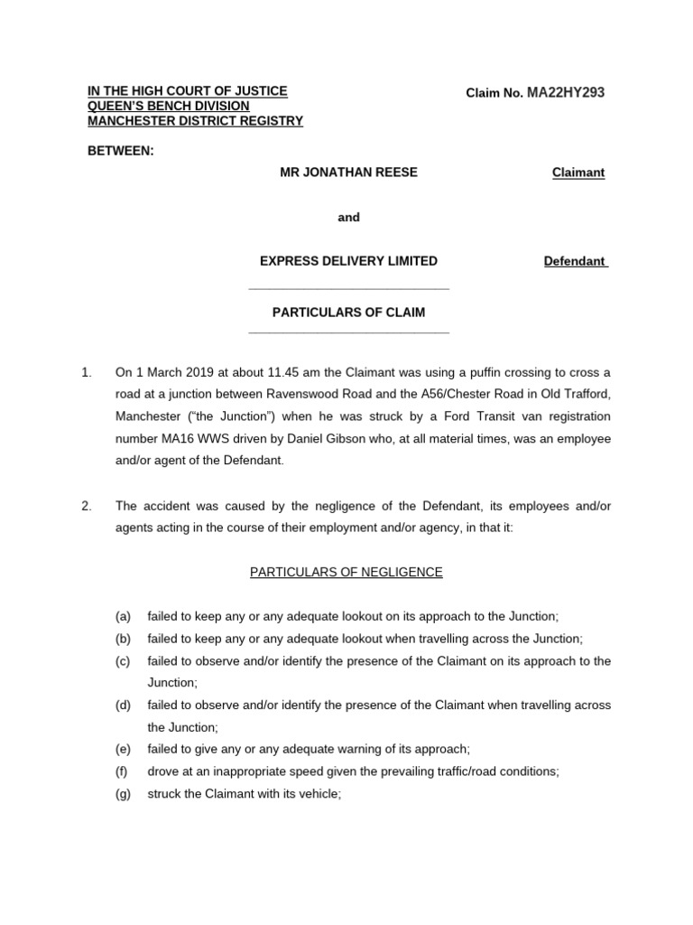 BTC1 WS4 Reese Particulars of Claim | PDF | Traumatic Brain Injury