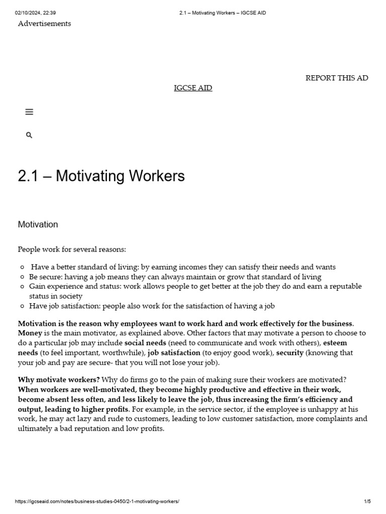 2.1 - Motivating Workers - IGCSE AID | PDF | Employee Relations ...