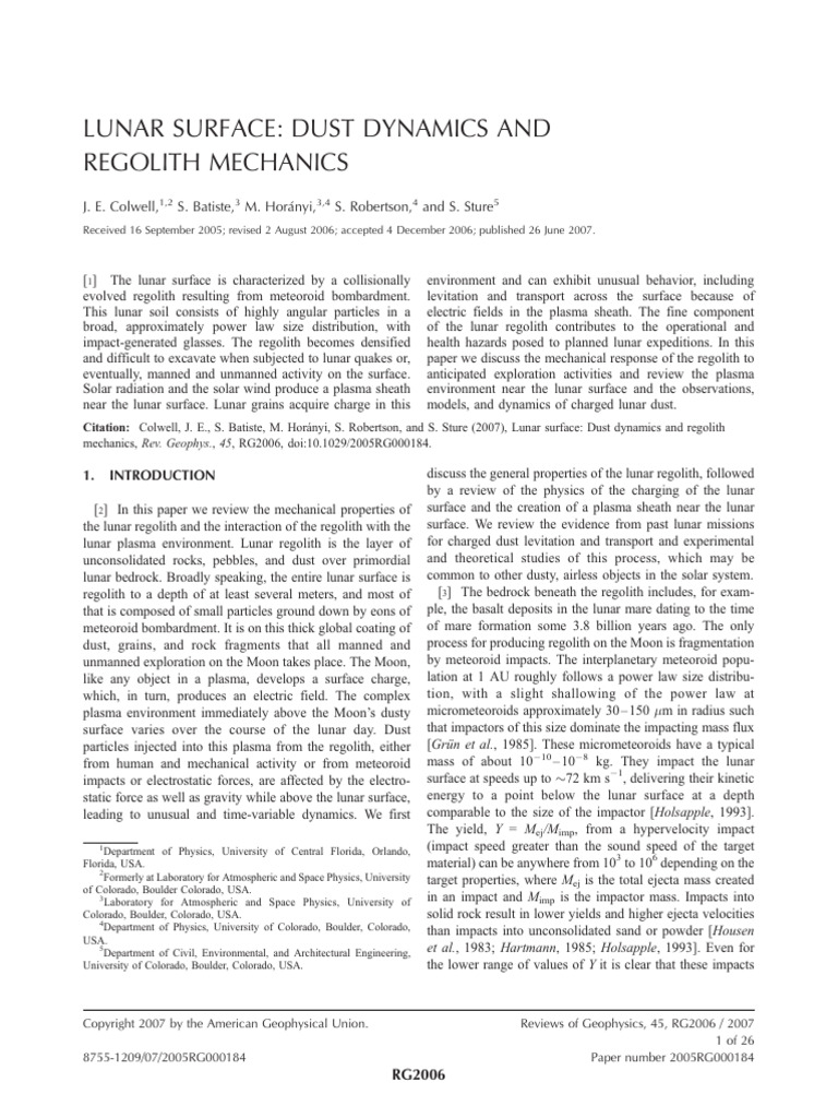 Lunar surface_ Dust dynamics and regolith mechanics | PDF | Moon | Physical Sciences