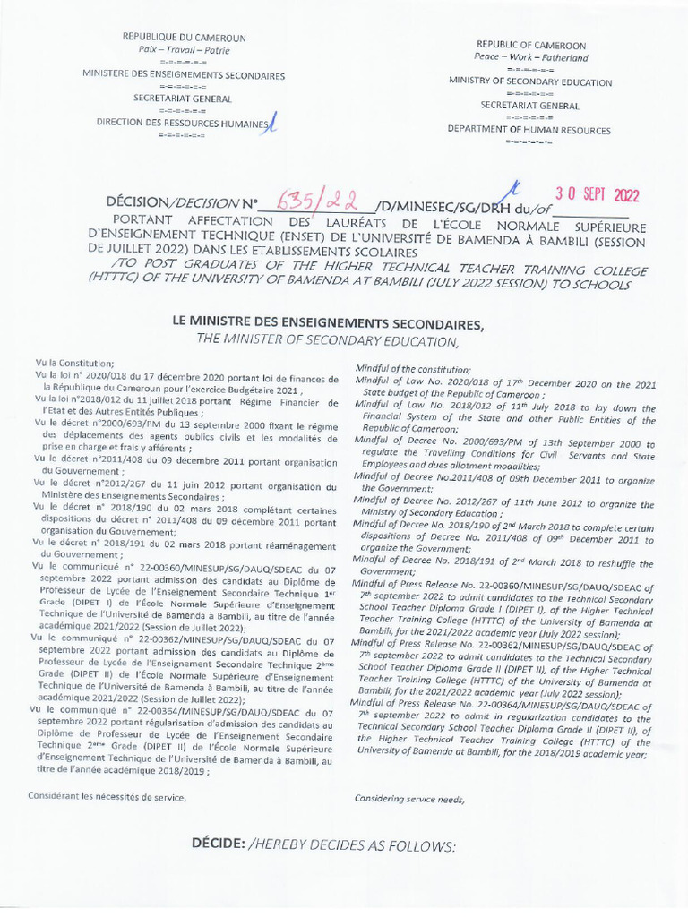 Affectation ENST Mbambili 30 09 2022 1 | PDF