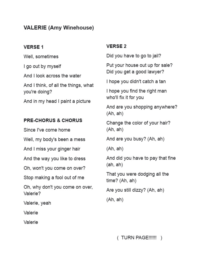 Valerie Lyrics by Amy Winehouse | PDF | Song Structure | Song Recordings