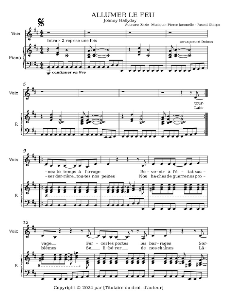 Johnny Hallyday - Allumer Le Feu - Piano | PDF