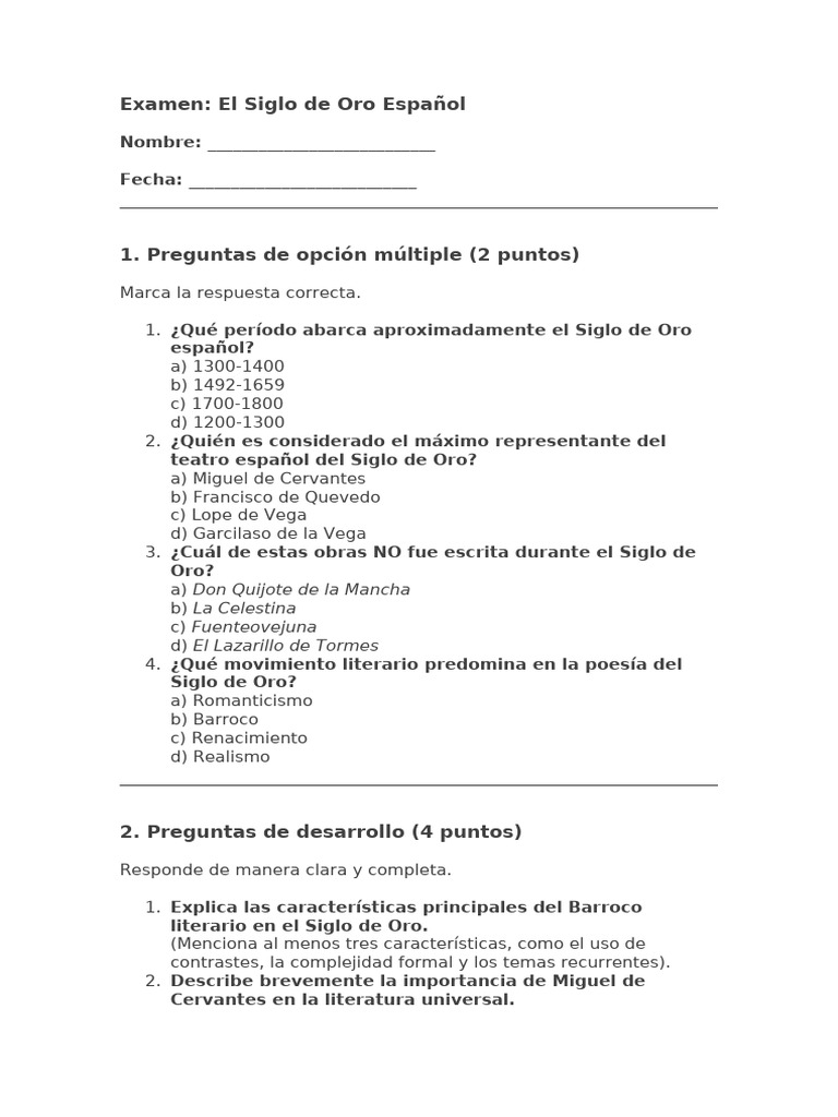 Examen sobre el Siglo de Oro Español | PDF | Don Quijote | Miguel De ...