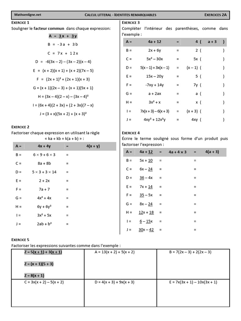 Chap 03 - Ex 2a - Factorisation (Facteur Commun - Partie 1) - CORRIGE | PDF