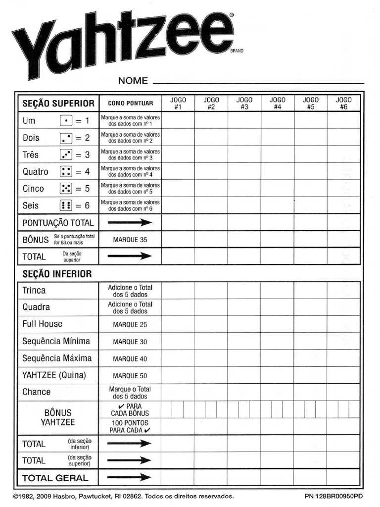 Tabela Yahtzee Original Simples | PDF