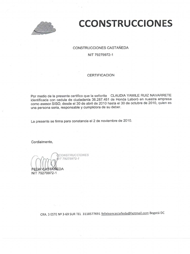 Certificacion Felix Castañeda | PDF