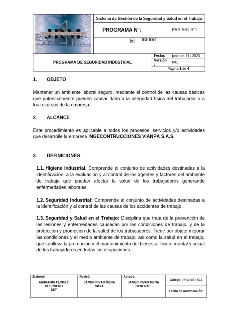 PRG-SST-011 Programa de Seguridad Industrial | PDF | Seguridad y salud ...