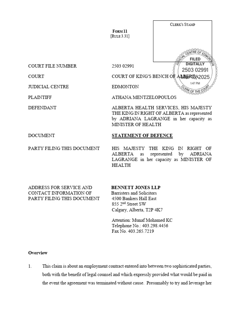 Statement of Defence From The Government of Alberta | PDF | Health Care ...