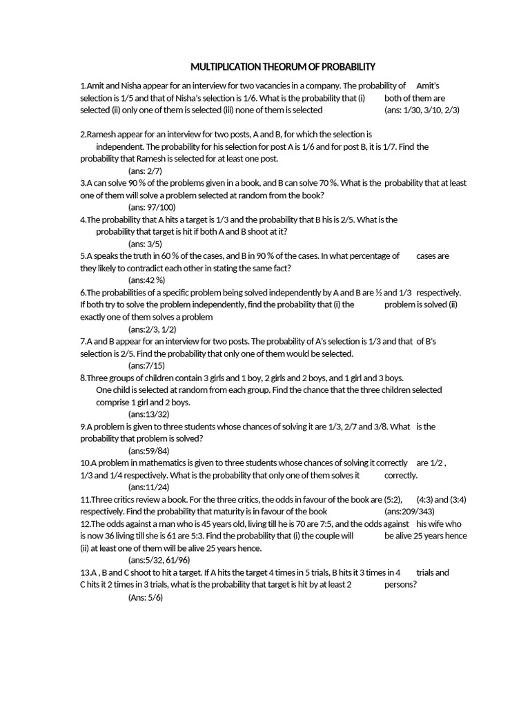 Multiplication Theorum of Probability | PDF | Odds | Probability