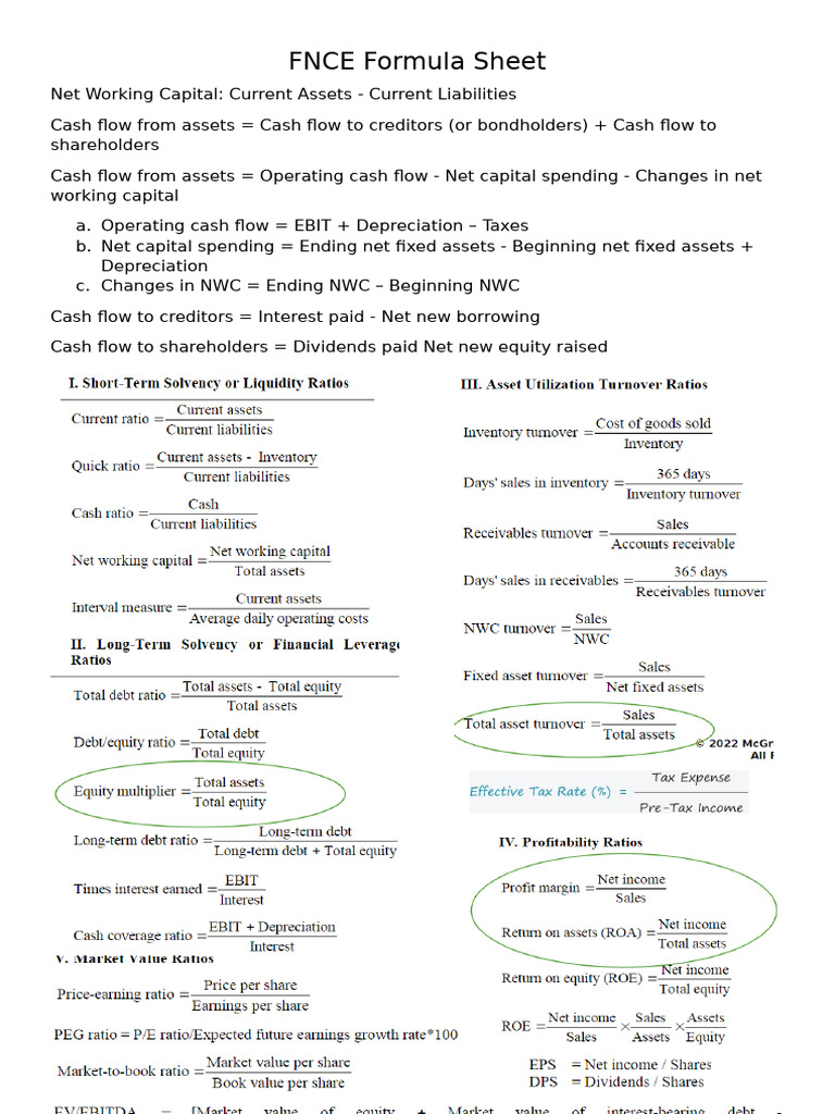 FNCE Formula Sheet for Cash Flow & Valuation | PDF