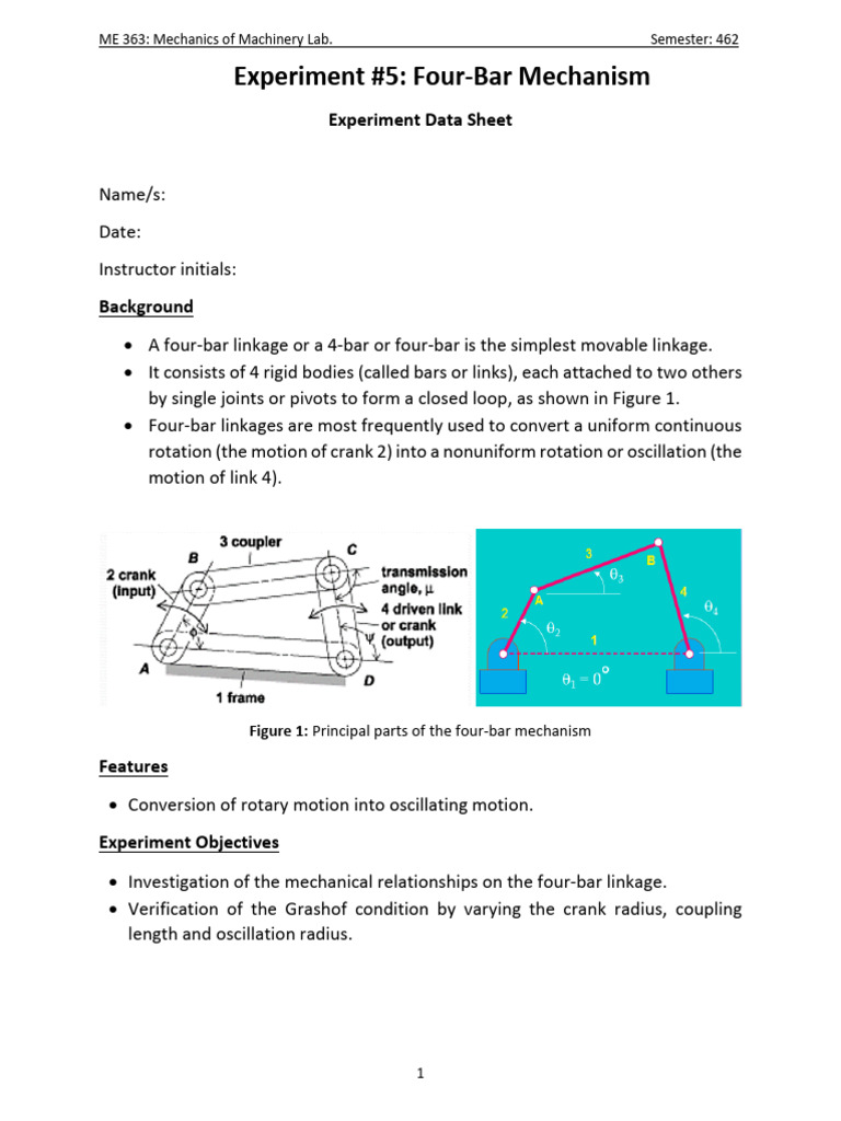 Four-Bar Mechanism Experiment Guide | PDF | Motion (Physics) | Kinematics