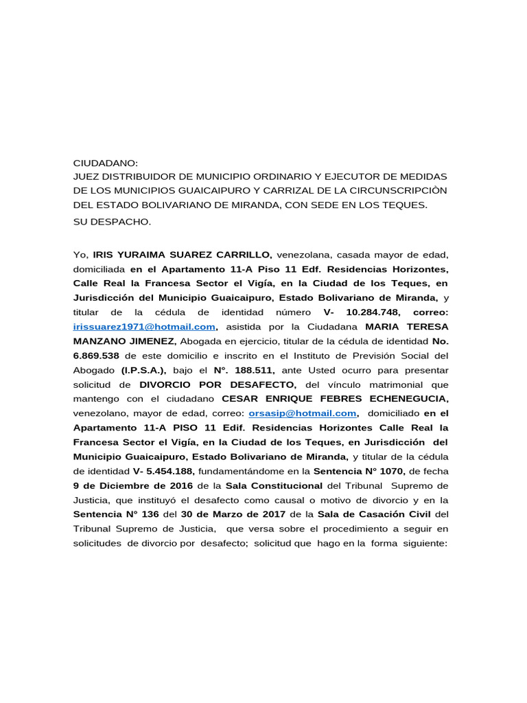 divorcio por desafecto IRIS SUAREZ | PDF | Divorcio | Matrimonio