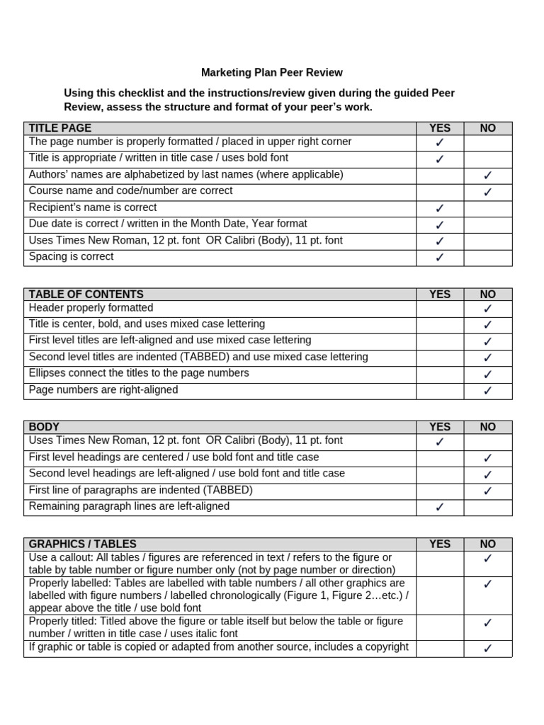 Marketing Plan Peer Review Checklist W25 | PDF | Citation | Bracket