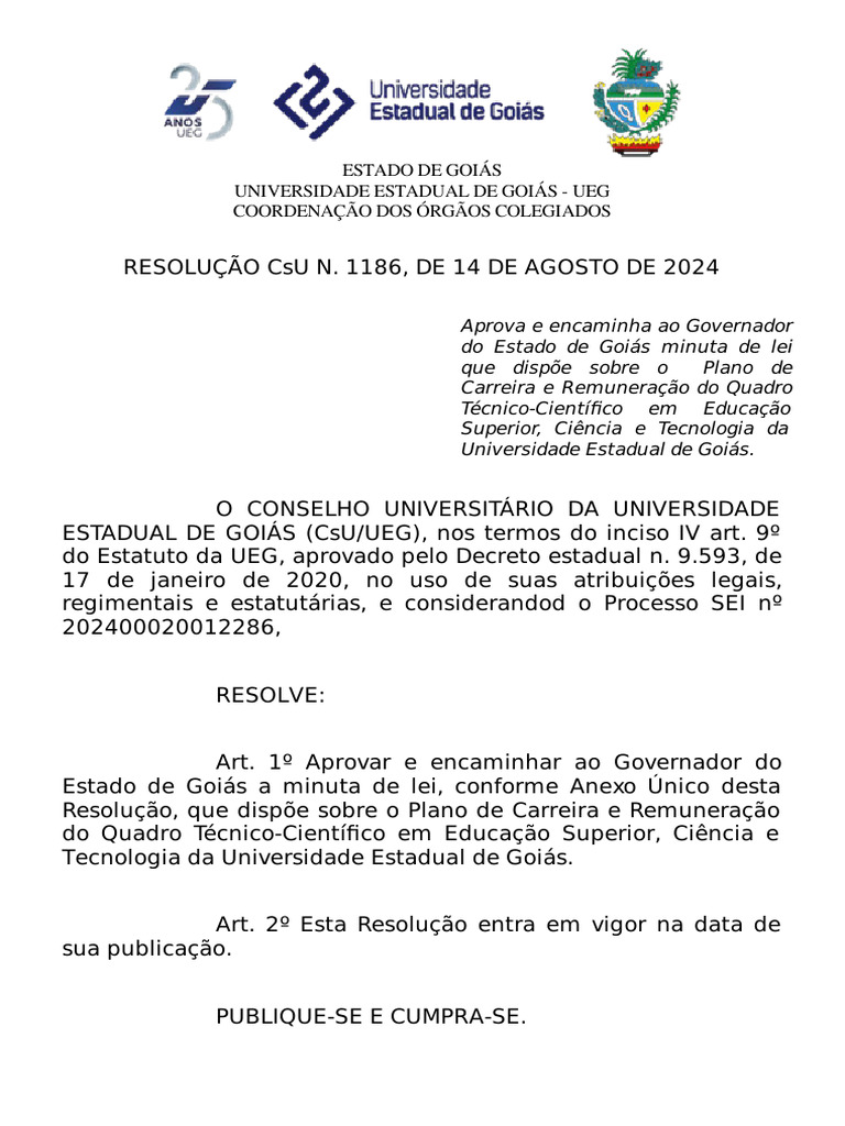 Plano de Carreira UEG: Resolução 1186 | PDF | Universidade | Expediente