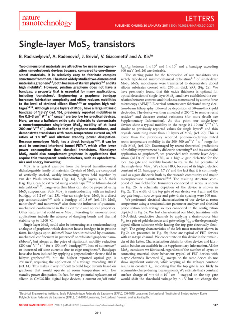 Single-Layer MoS2 Transistors | PDF | Field Effect Transistor | Graphene